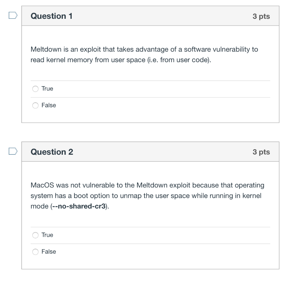 Solved Question 1 3 pts Meltdown is an exploit that takes | Chegg.com