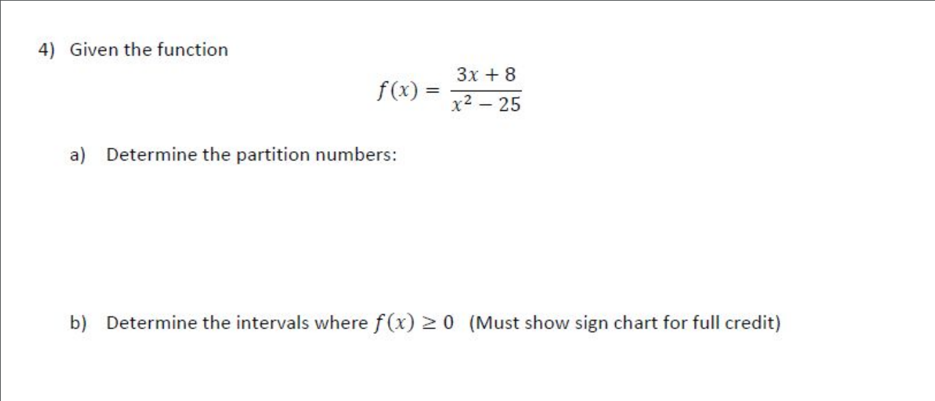 Solved 4) Given the function f(x)=x2−253x+8 a) Determine the | Chegg.com