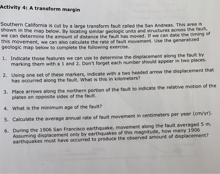 Solved Activity 4: A transform margin Southern California is | Chegg.com