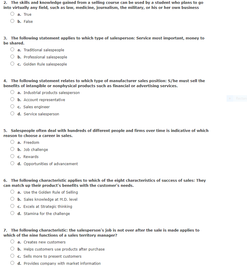 Solved 2. The skills and knowledge gained from a selling | Chegg.com