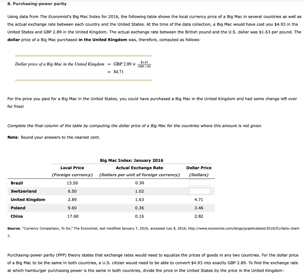 Solved 8. Purchasing-power parity Using data from The | Chegg.com