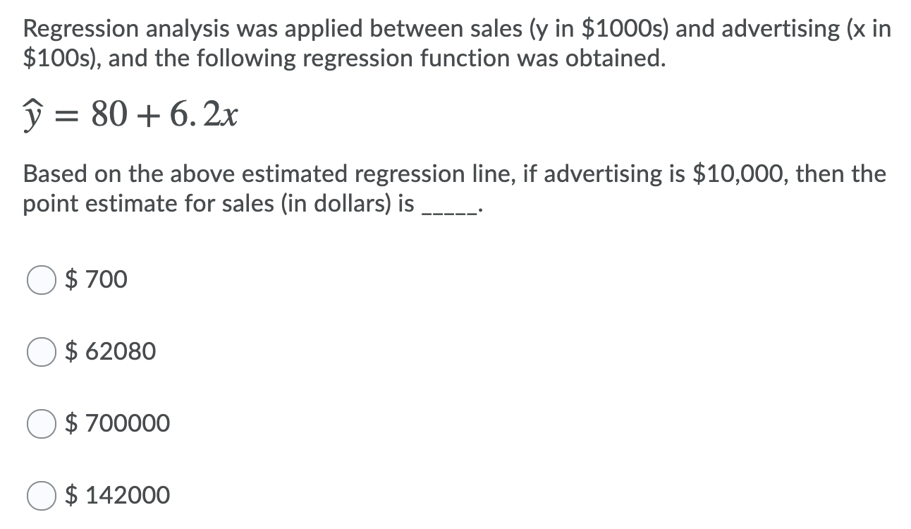 Solved Regression analysis was applied between sales (y in | Chegg.com