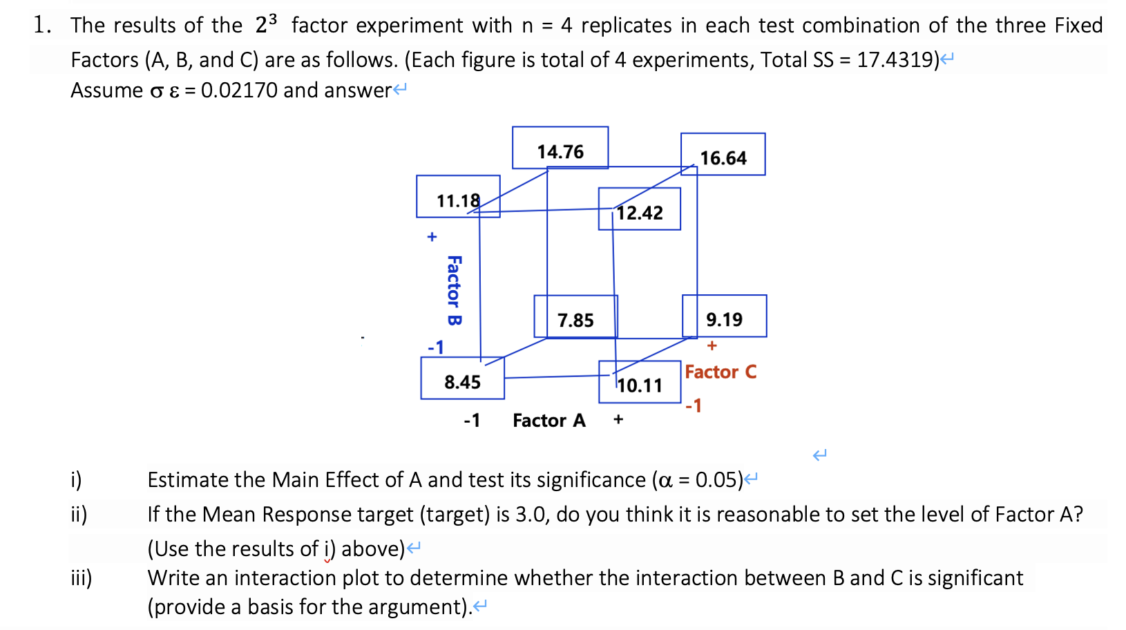 1. The results of the 23 factor experiment with n = 4 | Chegg.com
