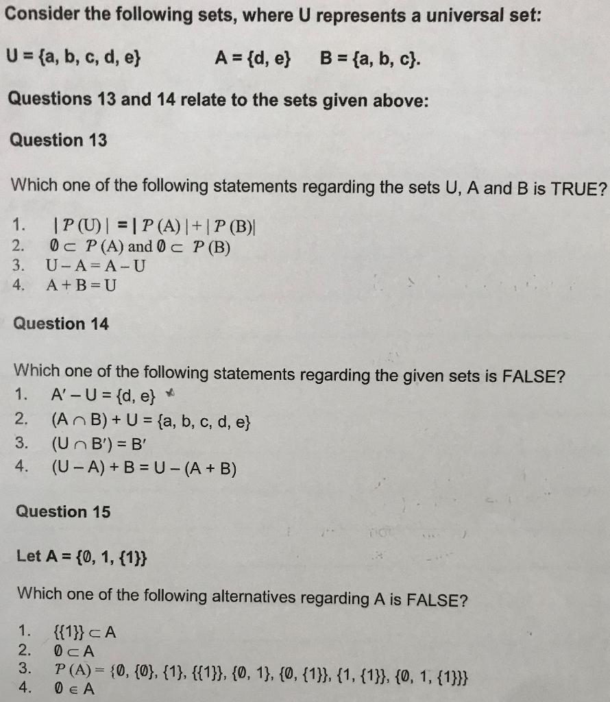 Solved Consider the following sets, where U represents a | Chegg.com