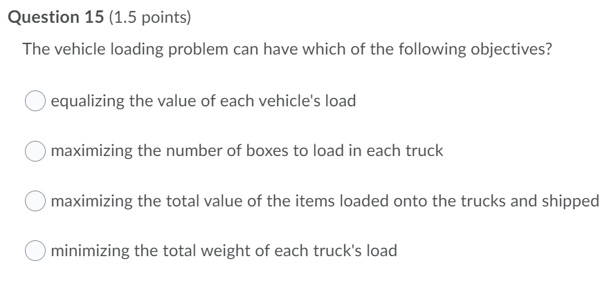 Solved Question 15 (1.5 points) The vehicle loading problem | Chegg.com