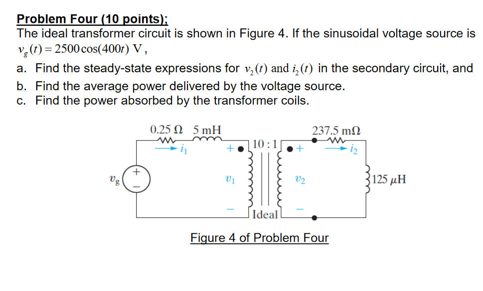 Solved The ideal transformer circuit is shown in Figure 4. | Chegg.com