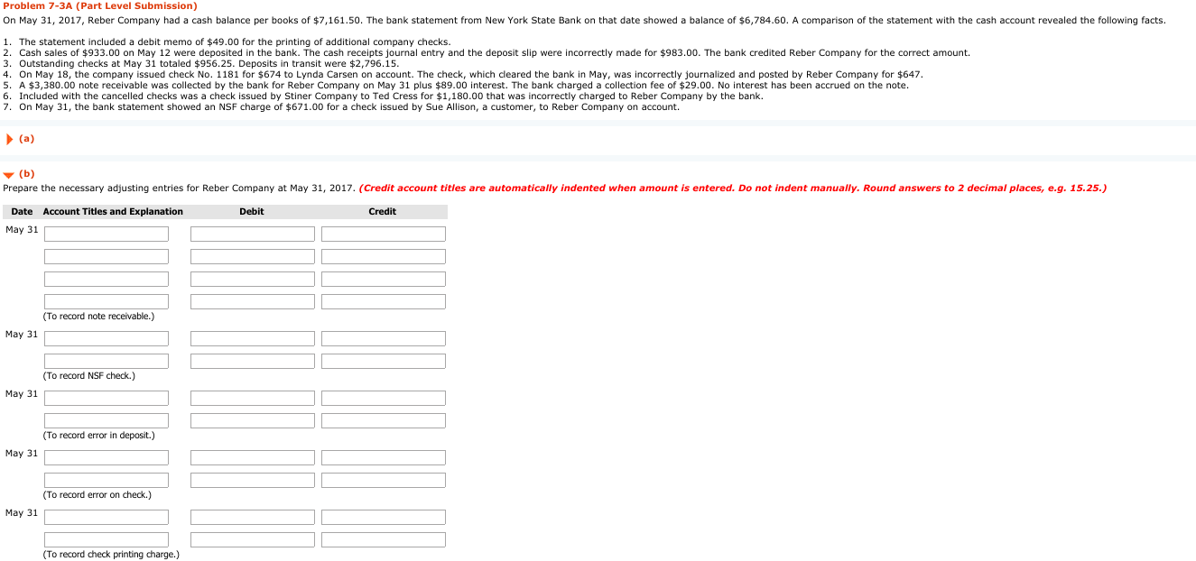 Solved Problem 7-3A (Part Level Submission) On May 31, 2017, | Chegg.com