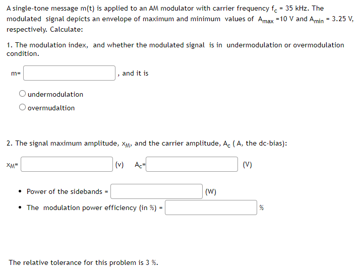 Solved A single-tone message m(t) is applied to an AM | Chegg.com