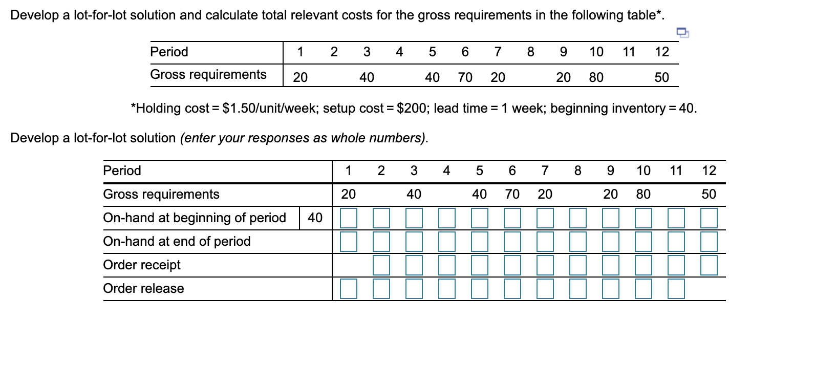 Solved Develop a lot-for-lot solution and calculate total | Chegg.com