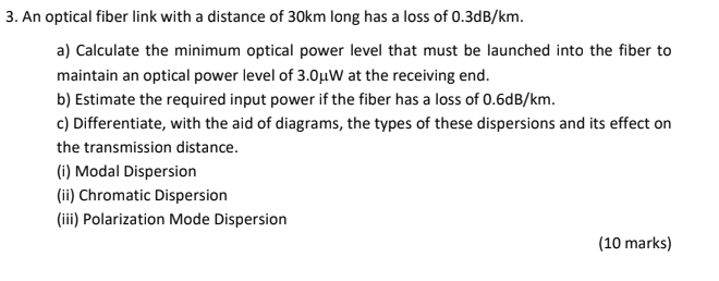 Solved 3. An optical fiber link with a distance of 30km long | Chegg.com