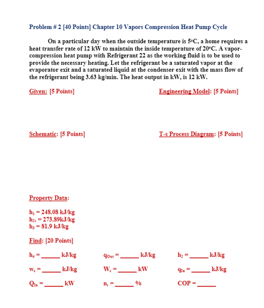 Solved Problem # 2 [40 Points] Chapter 10 Vapors Compression | Chegg.com