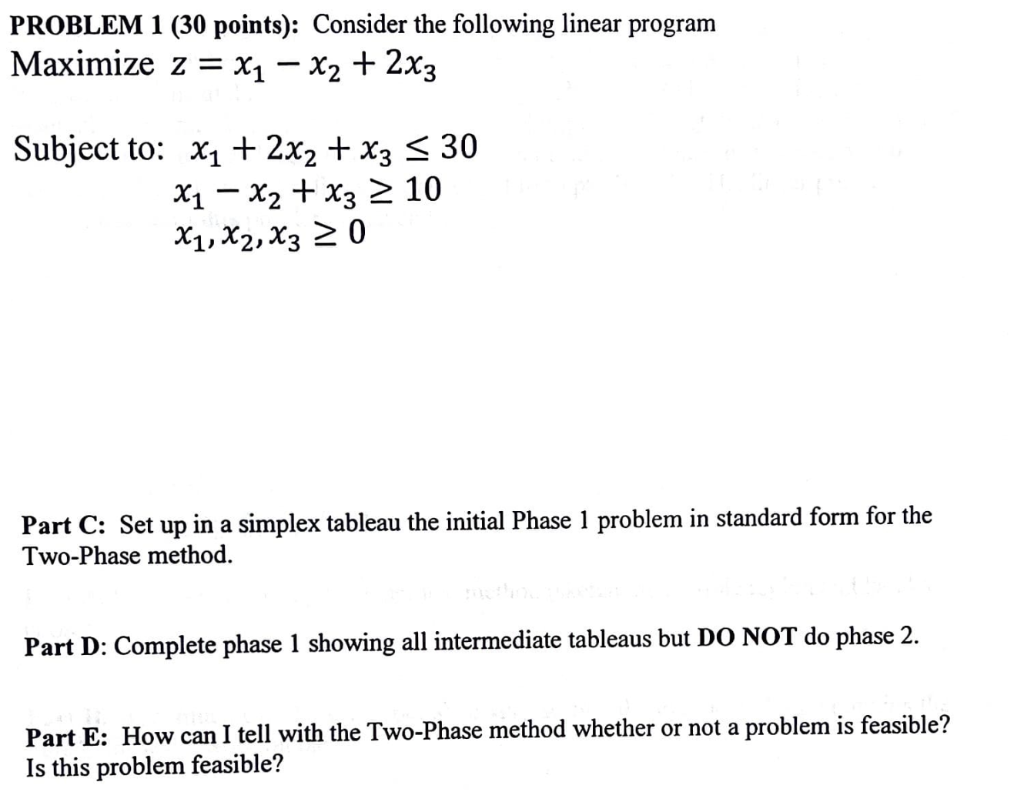 Solved PROBLEM 1 (30 points): Consider the following linear | Chegg.com