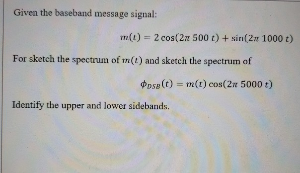 Solved Given the baseband message signal: m(t) = 2 cos(210 | Chegg.com
