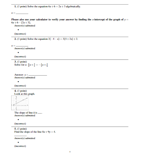 Solved 1. (1 point) Solve the equation 6x+6=2x+3 | Chegg.com