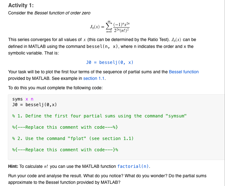 Solved Activity 1 Consider The Bessel Function Of Order