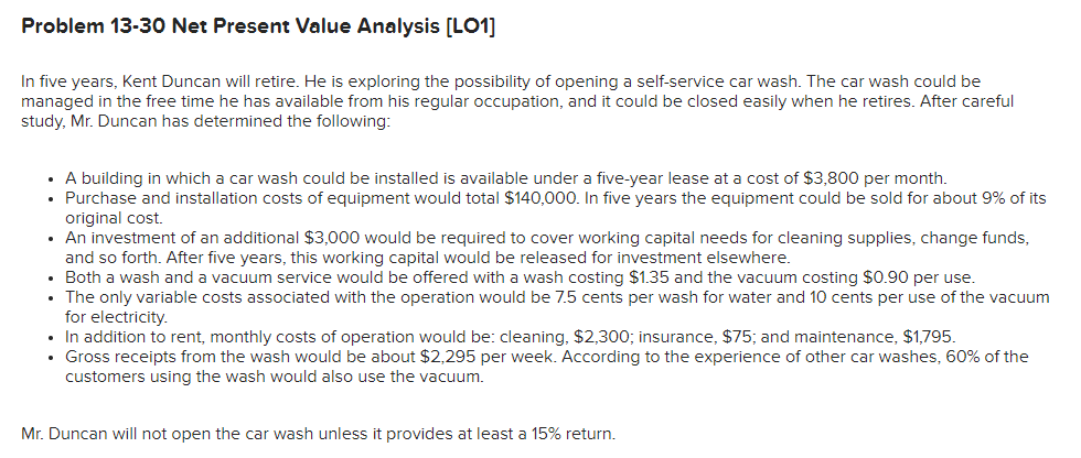 Solved Problem 13-30 Net Present Value Analysis (LO1] In | Chegg.com