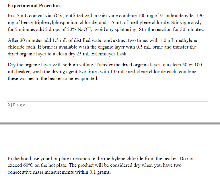 Solved Experimental Procedure In a 5 mL conical vial (CV) | Chegg.com