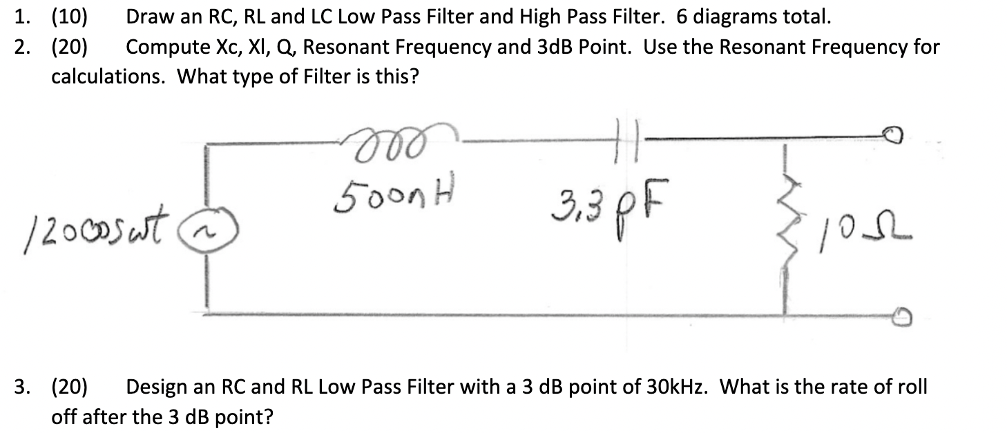 Solved 1. (10) Draw an RC, RL and LC Low Pass Filter and | Chegg.com