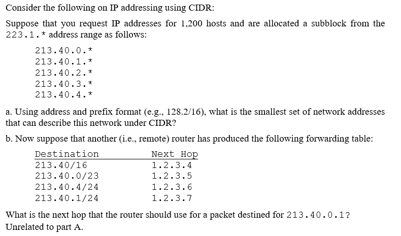 Solved Consider the following on IP addressing using CIDR: | Chegg.com