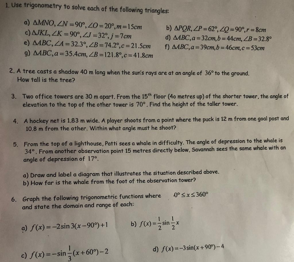 Solved 1. Use trigonometry to solve each of the following | Chegg.com