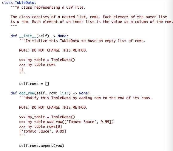 Solved class TableData: "A class representing a csv file. | Chegg.com