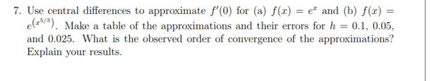Solved 7. Use central differences to approximate f'(0) for | Chegg.com