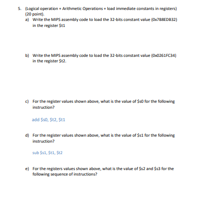 Solved 5. (Logical operation + Arithmetic Operations + load | Chegg.com