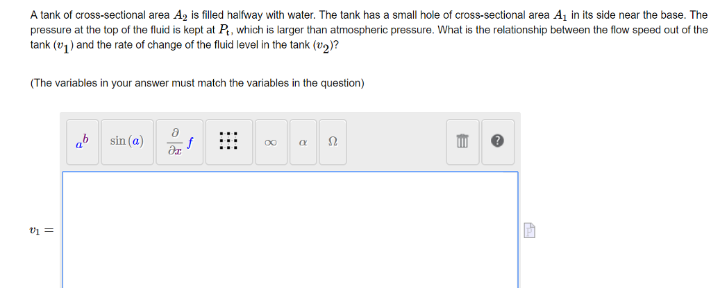 Solved A tank of cross-sectional area A2 is filled halfway | Chegg.com