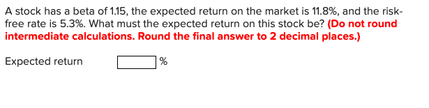 Solved A stock has a beta of 1.15 , ﻿the expected return on | Chegg.com
