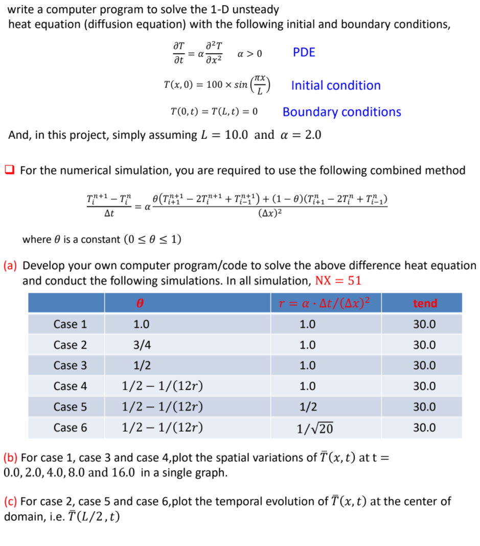 write a computer program to solve the 1-D unsteady | Chegg.com