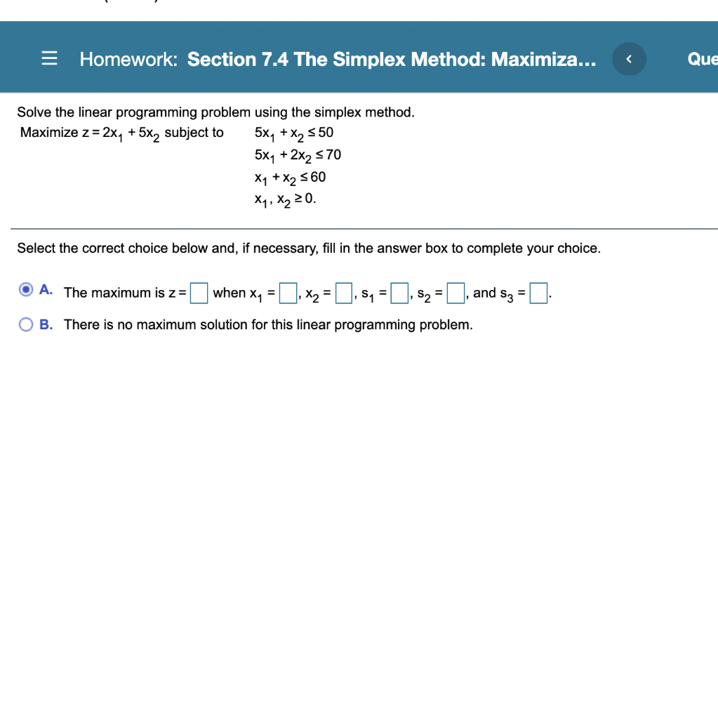 Solved = Homework: Section 7.4 The Simplex Method: | Chegg.com