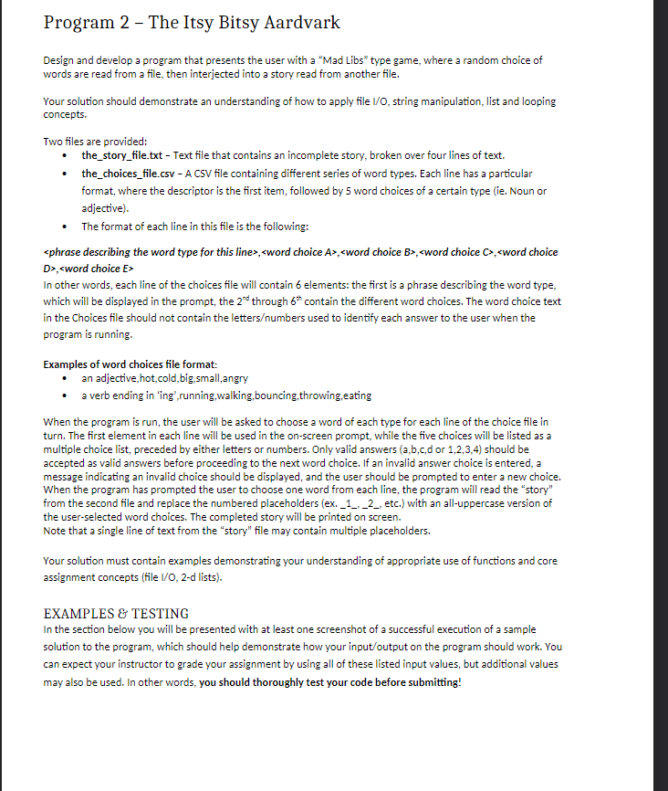 Solved Program 2 - The ltsy Bitsy Aardvark Design and | Chegg.com