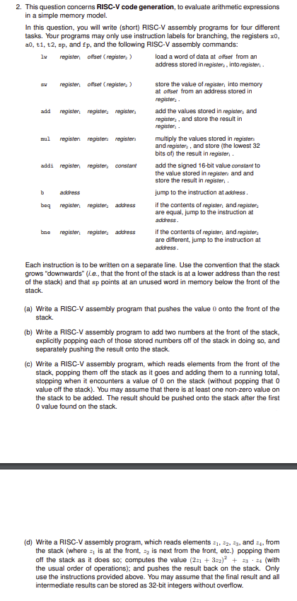 Solved 2. This question concerns RISC-V code generation, to | Chegg.com
