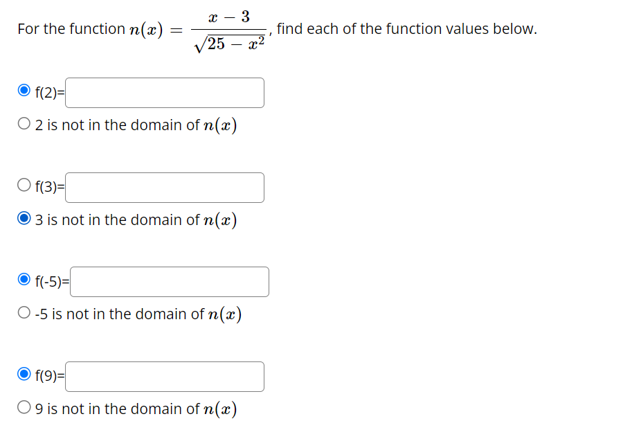Solved For the function n(x)=25−x2x−3, find each of the | Chegg.com