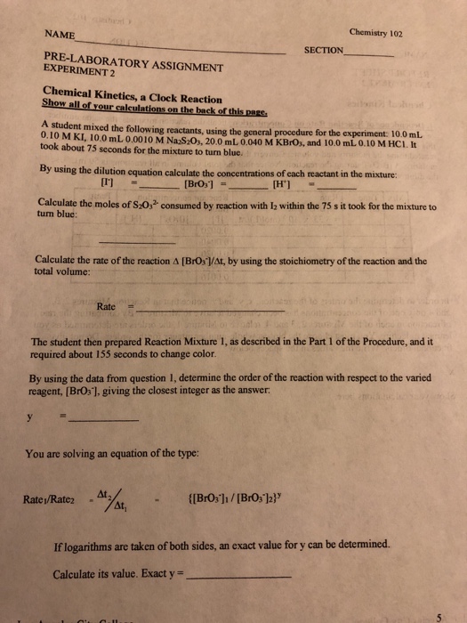 Solved Chemistry 102 NAME SECTION PRE-LABORATORY ASSIGNMENT | Chegg.com
