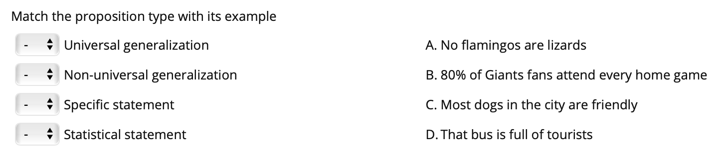 Solved Match the proposition type with its example Universal | Chegg.com