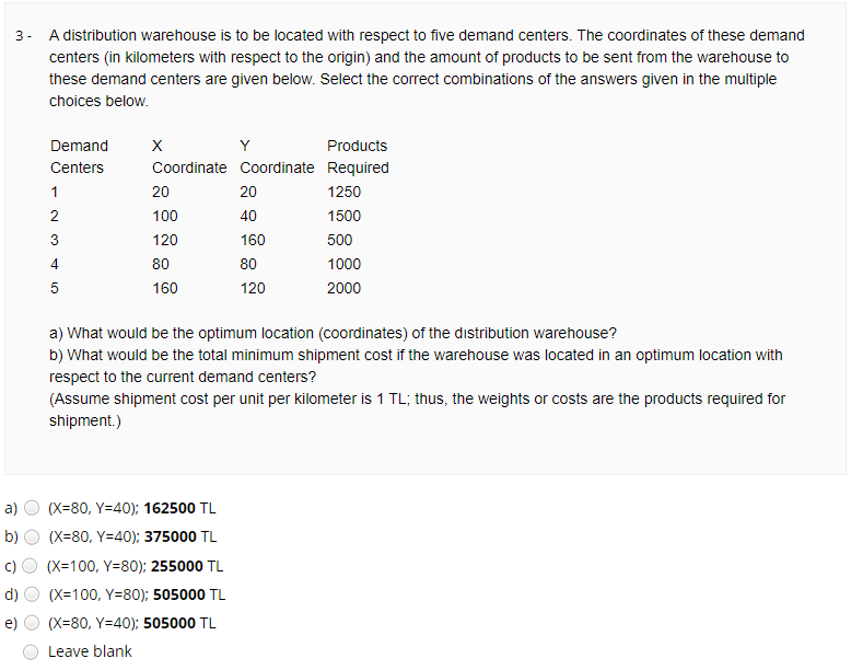 Solved 3- A distribution warehouse is to be located with | Chegg.com