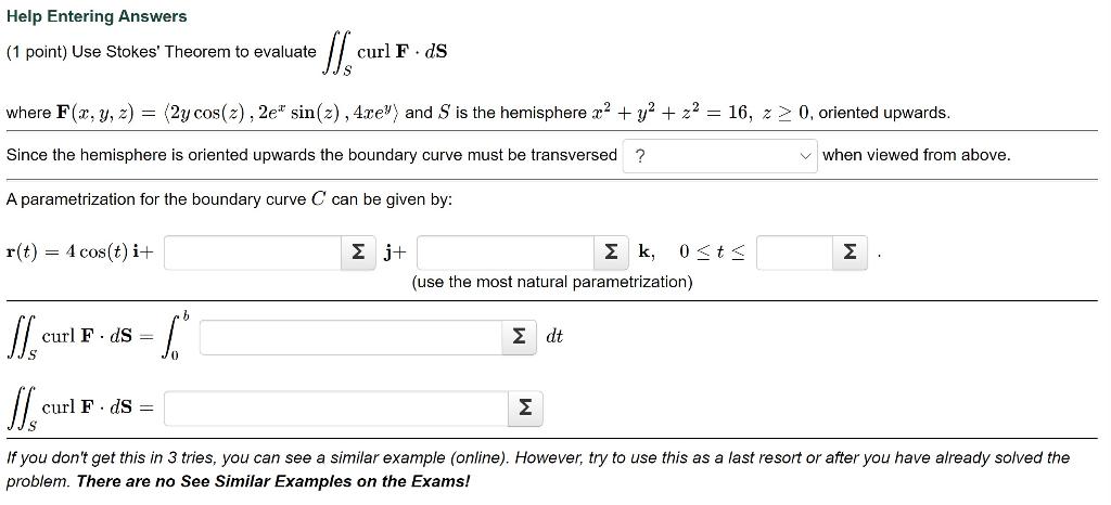 Solved Help Entering Answers (1 point) Use Stokes' Theorem | Chegg.com