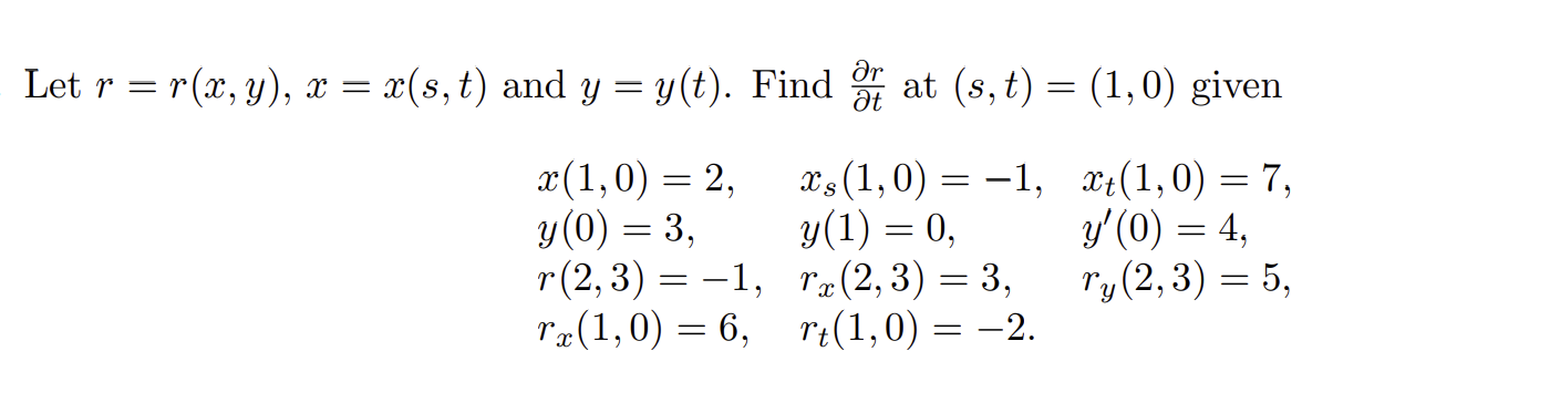 Solved Let r=r(x,y),x=x(s,t) and y=y(t). Find ∂t∂r at | Chegg.com
