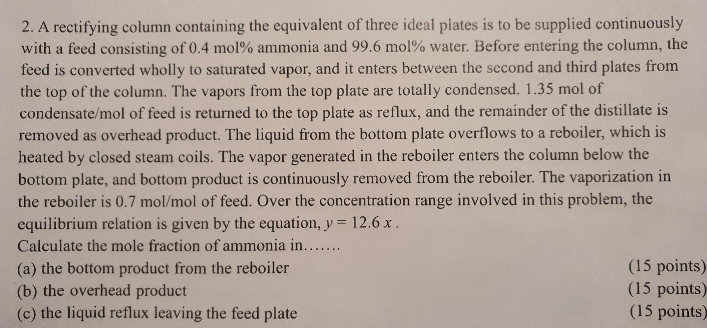 Solved 2. A rectifying column containing the equivalent of | Chegg.com