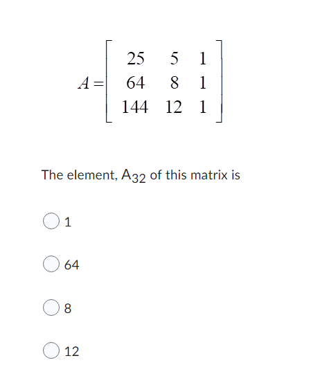Solved A=⎣⎡25641445812111⎦⎤ The element, A32 of this matrix | Chegg.com