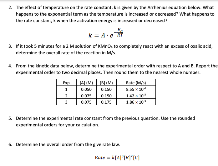 Solved 2. The effect of temperature on the rate constant, k | Chegg.com