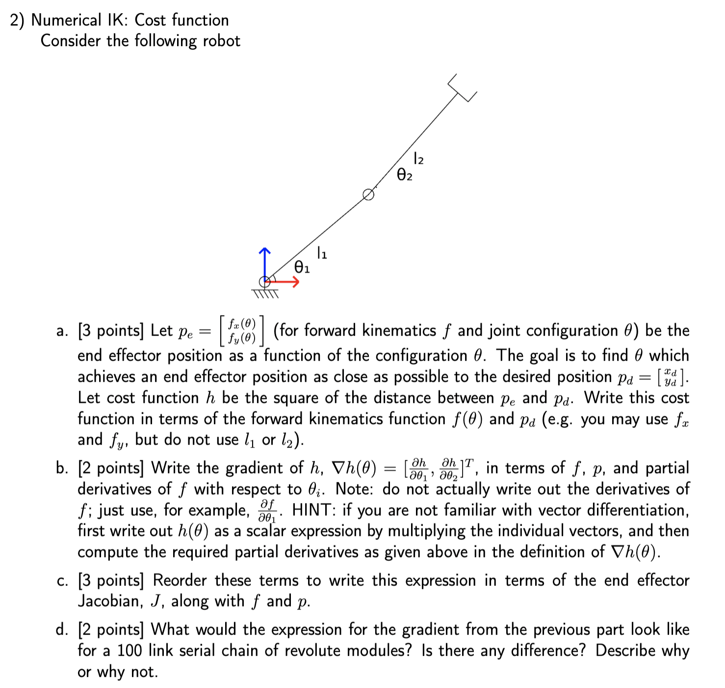 Solved 2) Numerical IK: Cost function Consider the following | Chegg.com