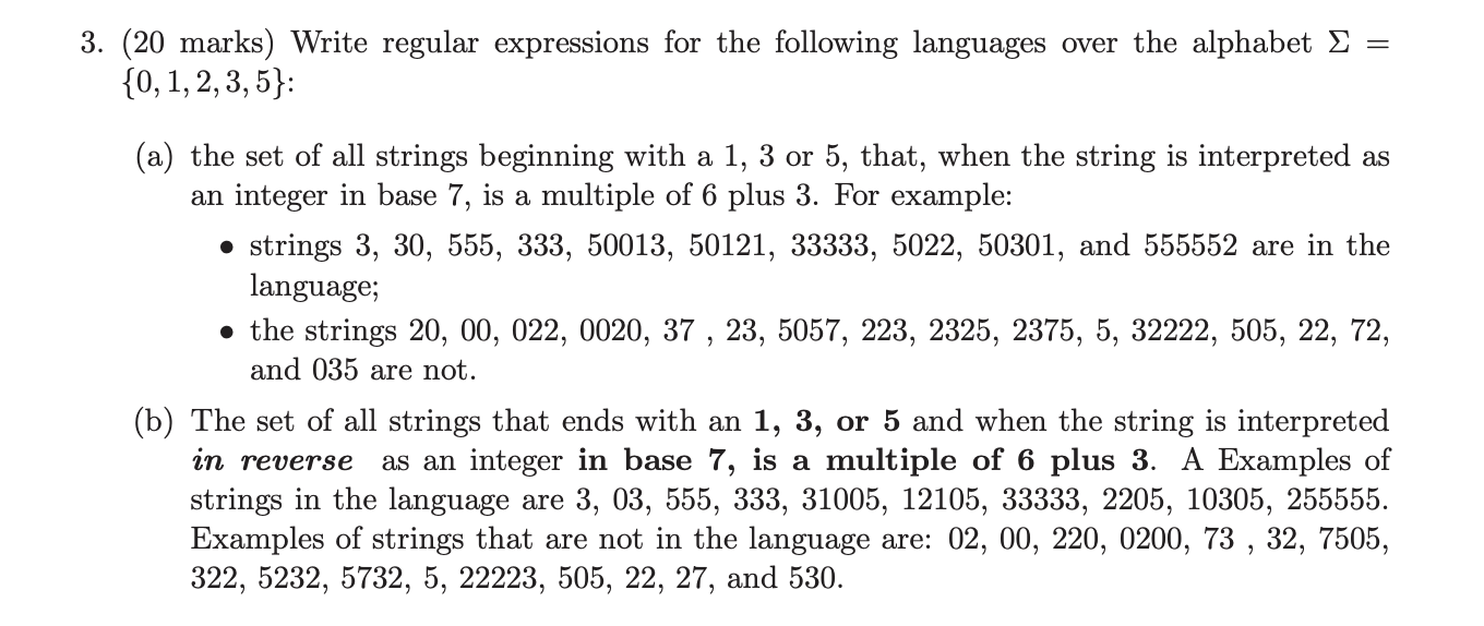 Solved 3. (20 marks) Write regular expressions for the | Chegg.com
