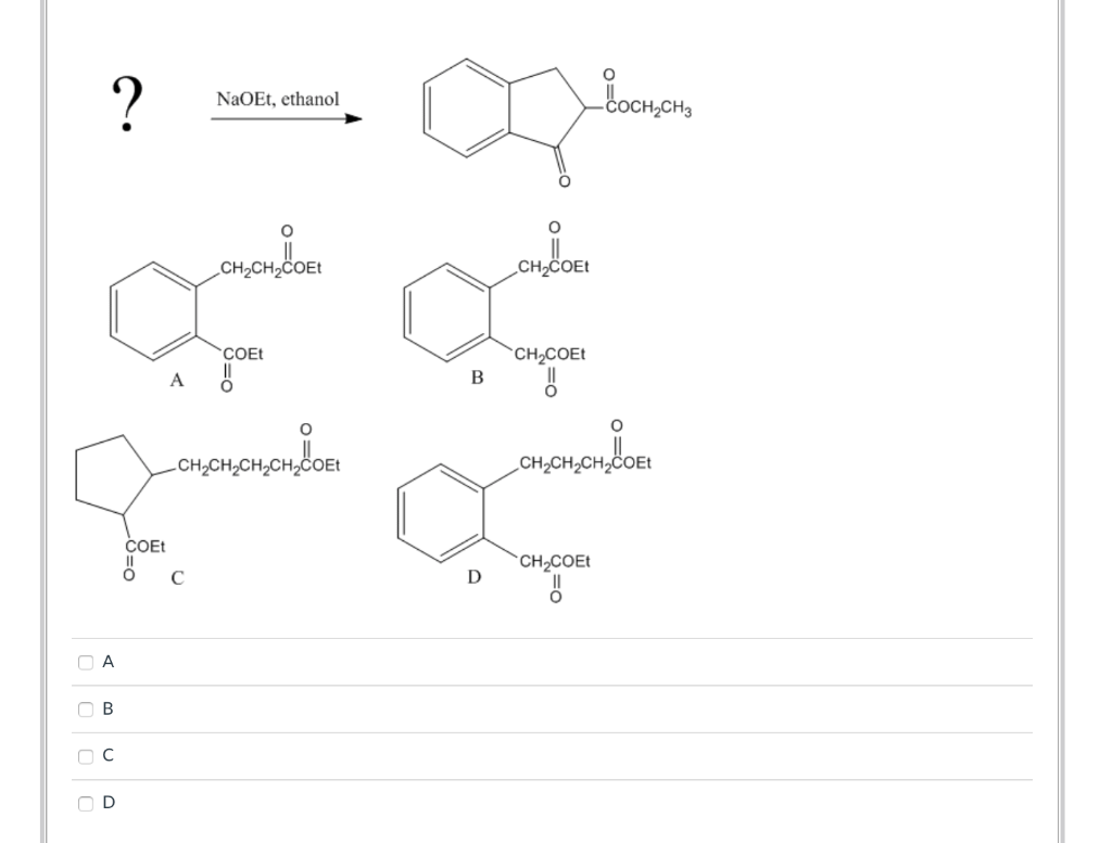 Solved NaOEt, ethanol COCH2CH3 CH2CH2COET CH2COEU COEt | Chegg.com