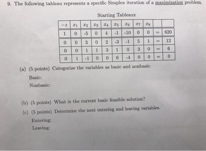 9. The following tableau represents a specific | Chegg.com