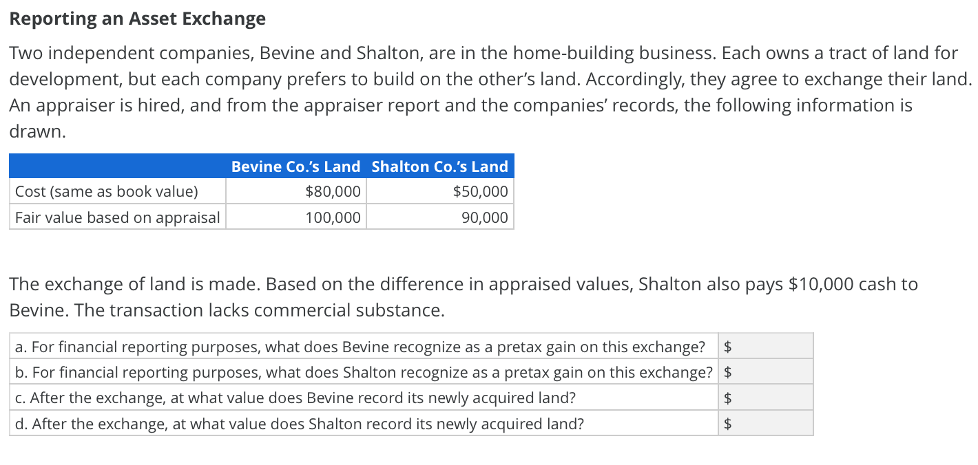 Solved Reporting an Asset Exchange Two independent | Chegg.com