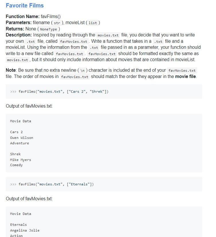 Solved Favorite Films Function Name: favFilms() Parameters: | Chegg.com