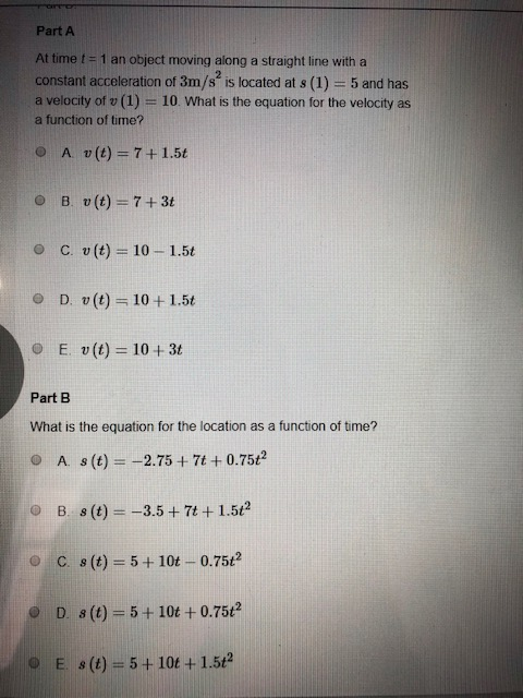 Solved Part A At time t= 1 an object moving along a straight | Chegg.com
