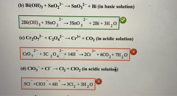 Solved (b) Bi(OH)3+Sno2Sno3 Bi (in basic solution) 2- | Chegg.com